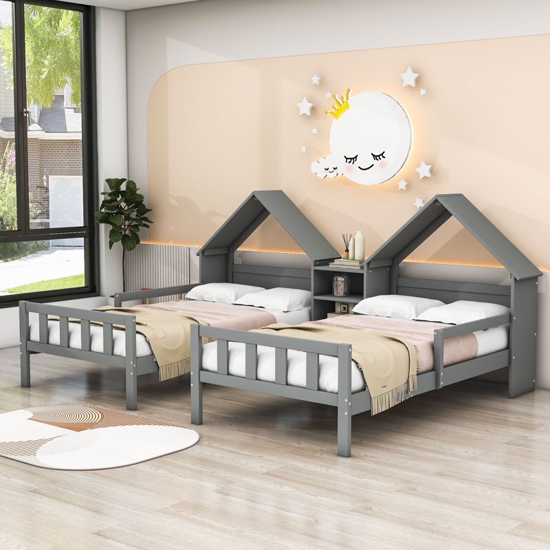 Double Twin Wood Platform Bed with Headboard and Built in Nightstand Red Barrel Studio Color Gray